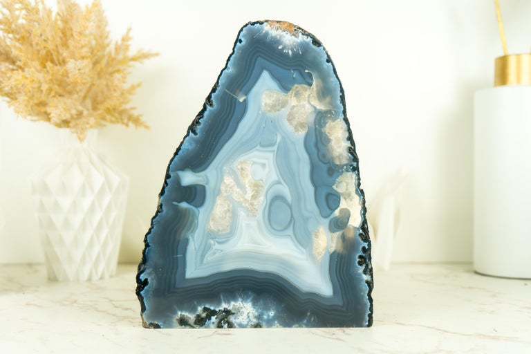 Natural Blue Lace Agate Geode Sculpture with Calcite Inclusions For ...