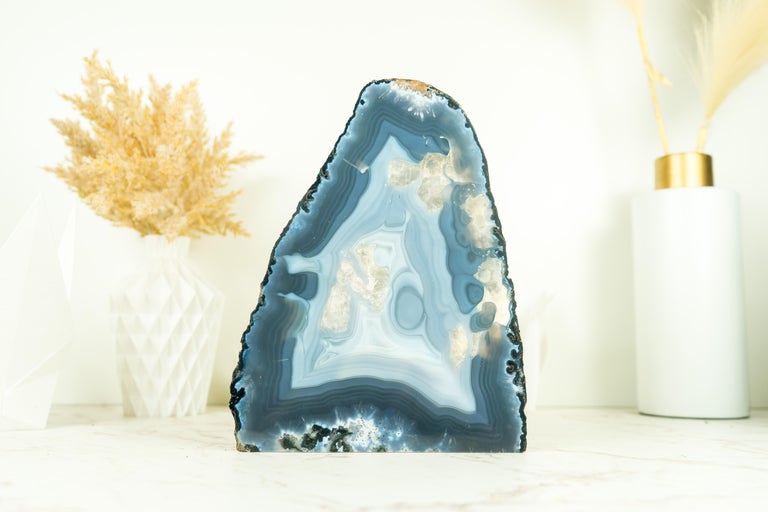 Natural Blue Lace Agate Geode Sculpture with Calcite Inclusions For ...