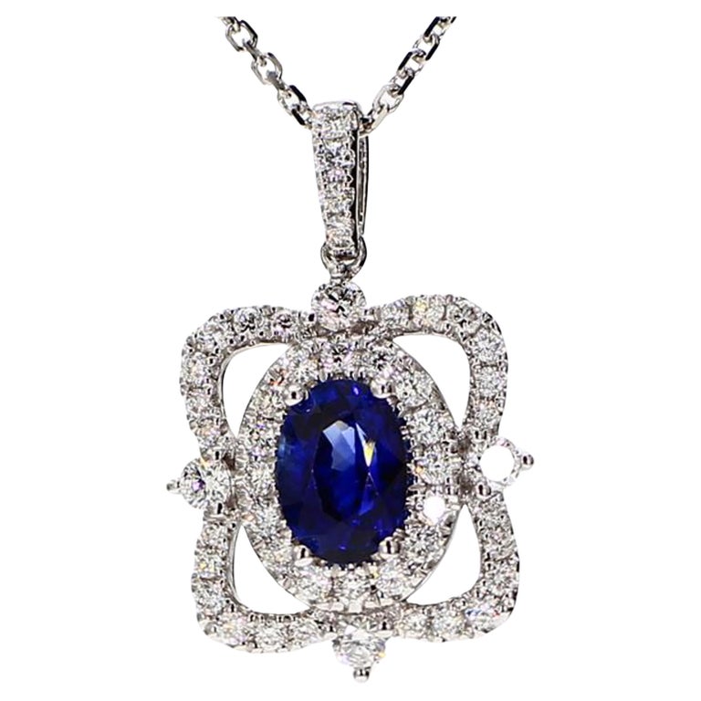 Pendentif en or blanc 1,64 carat avec saphir bleu naturel ovale et ...