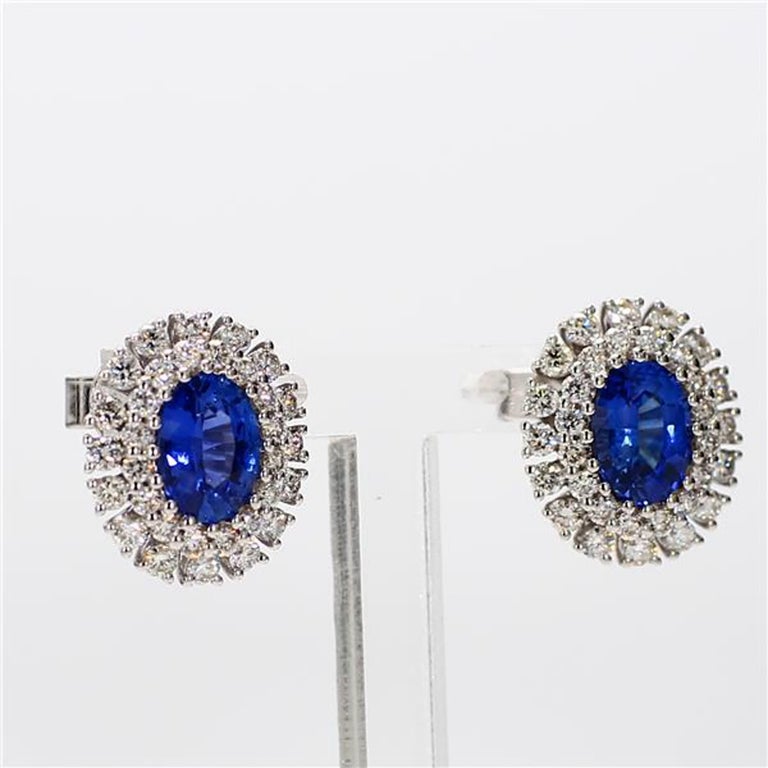 Natural Blue Oval Sapphire and White Diamond 3.48 Carat TW Gold Drop ...