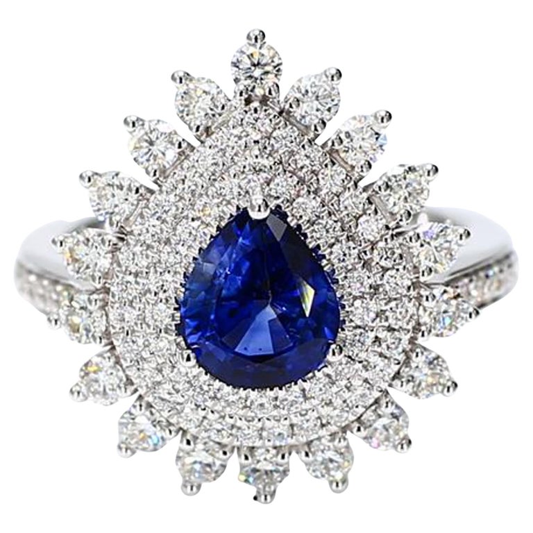 Natural Blue Pear Sapphire and White Diamond 2.62 Carat TW White Gold ...