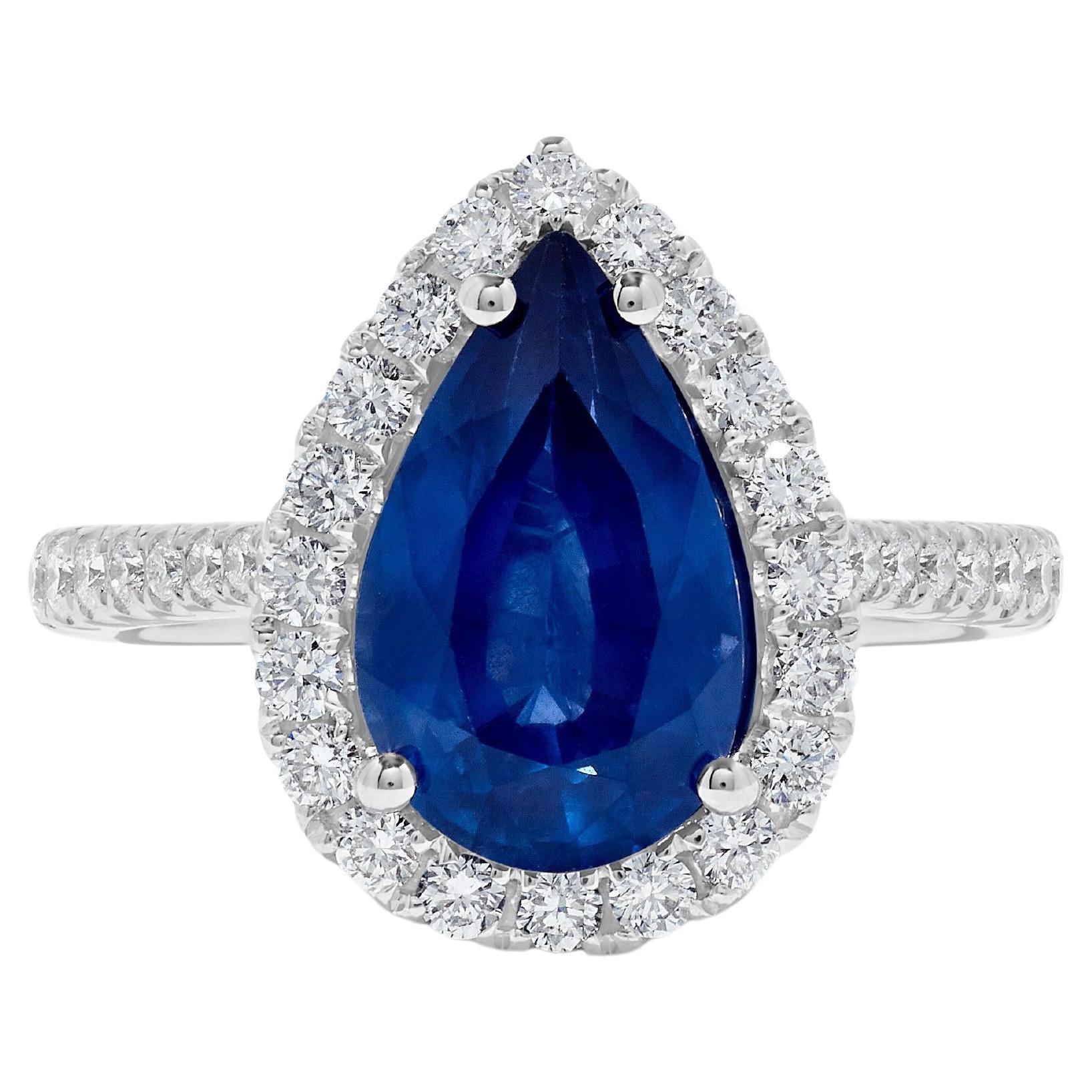 Natural Blue Pear Sapphire and White Diamond 2.58 Carat TW Gold ...