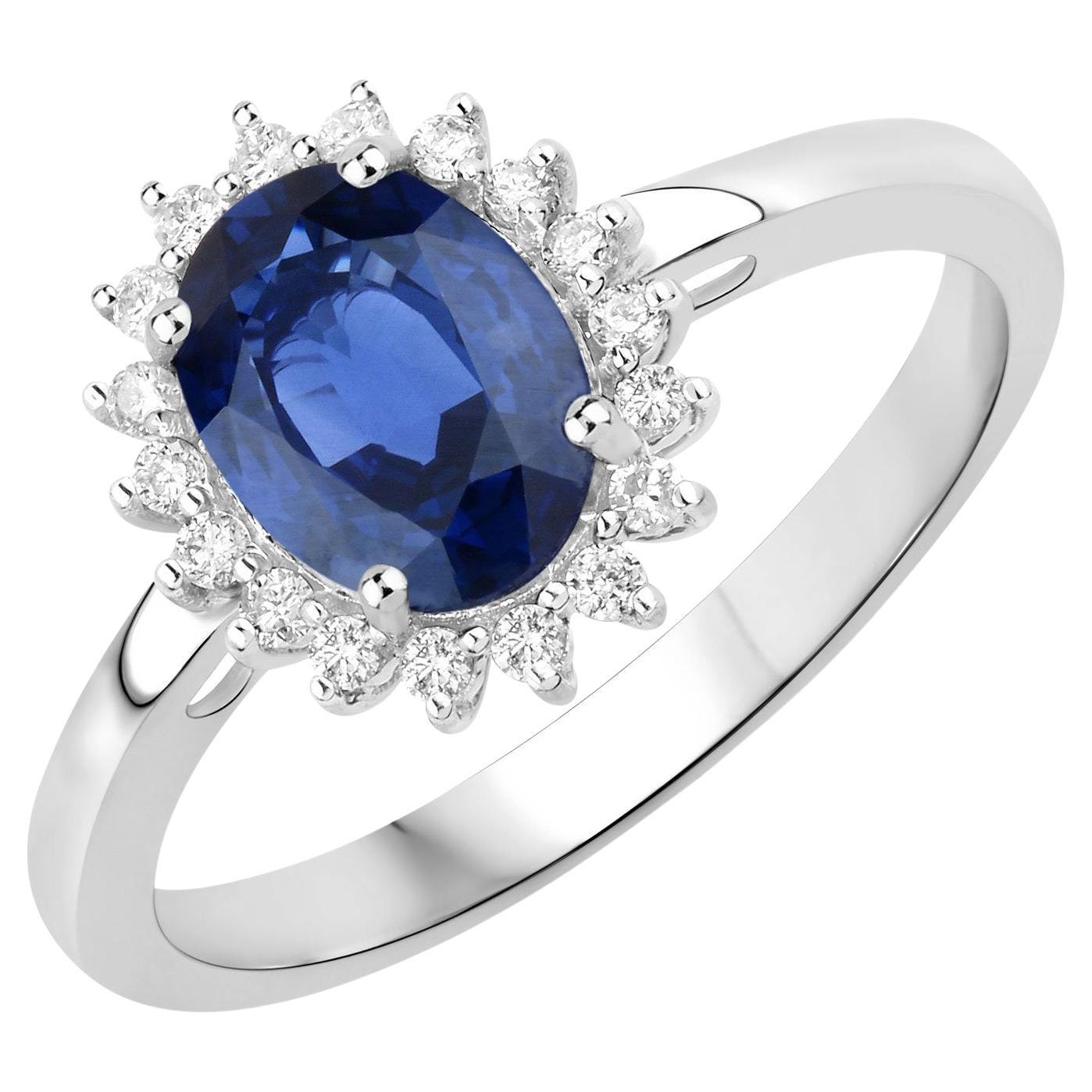 Customizable 14k Solid White Gold Natural Blue Sapphire and Diamond Round Women Cocktail Ring ...
