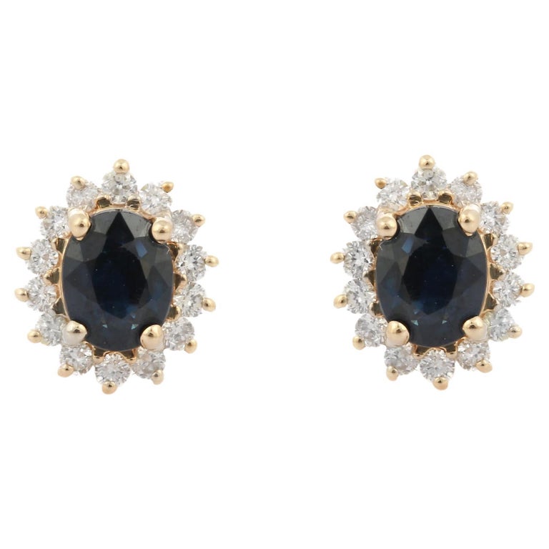 Natural Blue Sapphire Diamond Halo Stud Earrings in 14K Yellow Gold For ...