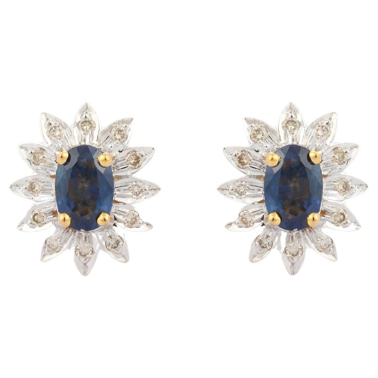 Natural Blue Sapphire Diamond Studs in 18 Karat Solid Yellow Gold For ...