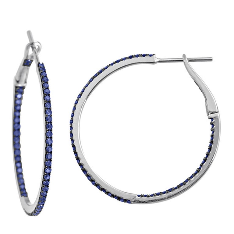 Natural Blue Sapphire Hoop Earrings 18k White Gold For Sale at 1stDibs