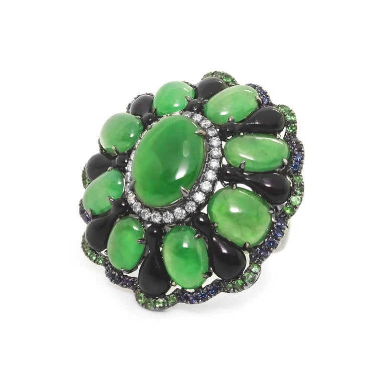 Natural Burmese Jadeite Jade, Gem-Set, Onyx and Diamond Ring, 18K Gold ...