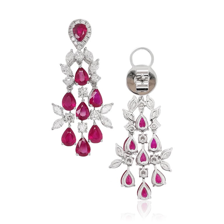 Natural Burmese Ruby White Diamond 18K White Gold Drop Earrings For ...