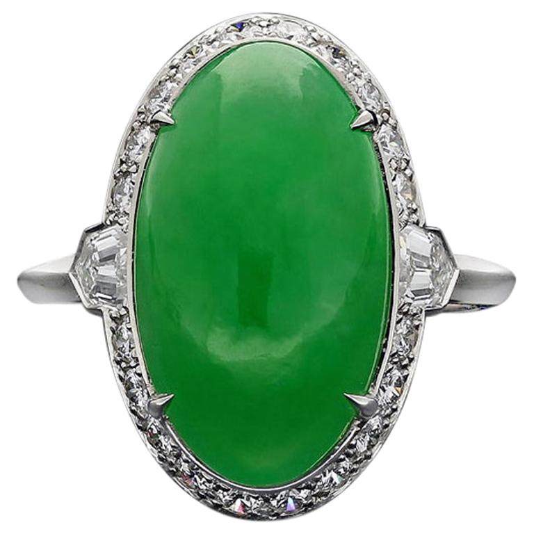 Natural Cabochon Oval Jade, A Grade and Diamond Platinum Cluster Ring ...