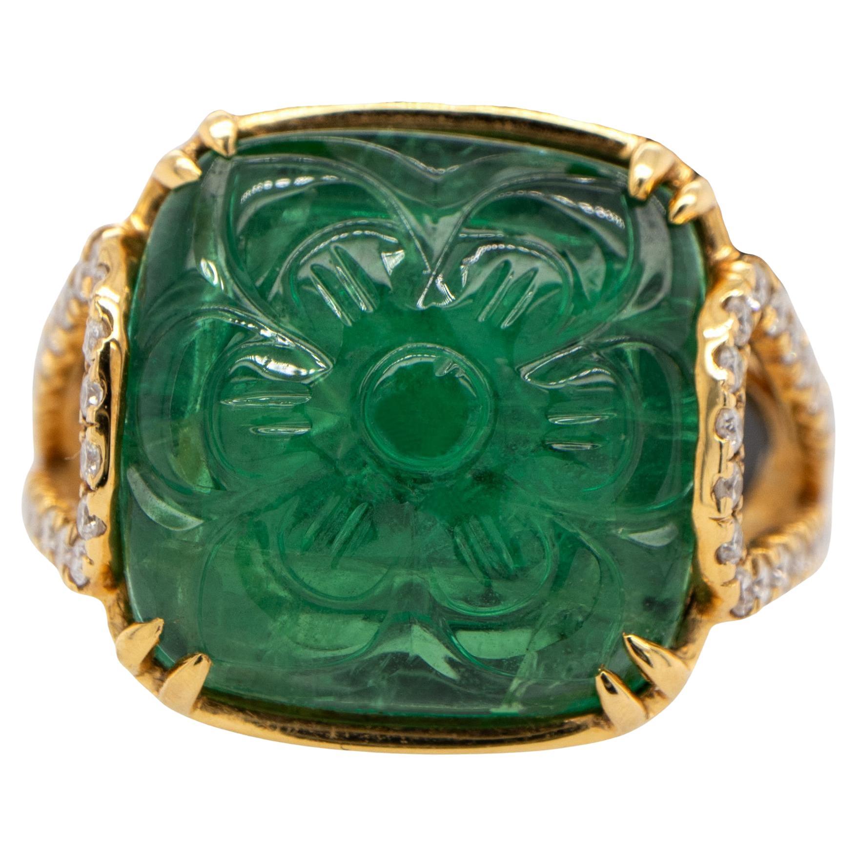 Hand Carved Emerald Ring Diamond Setting 7.08 Carats 18K Yellow Gold ...