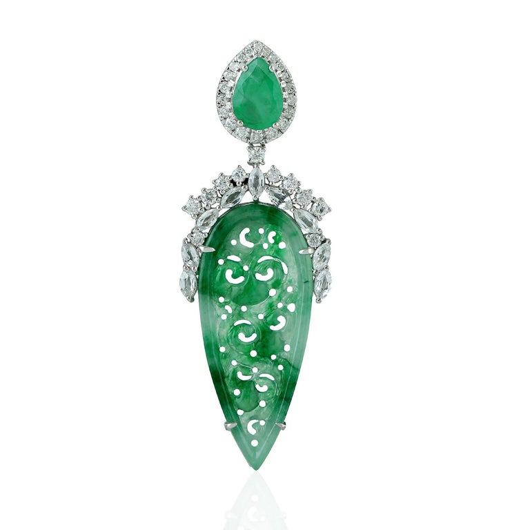 Natural Carved Jade and Emerald Chandelier Earrings 18k White Gold For ...