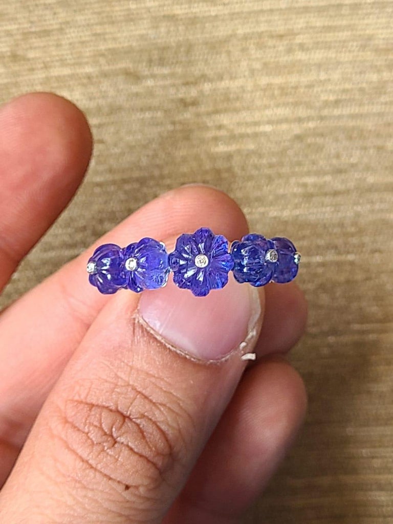 Natural, Carved Tanzanite and Diamonds Band / Wedding Ring Set in 18K ...