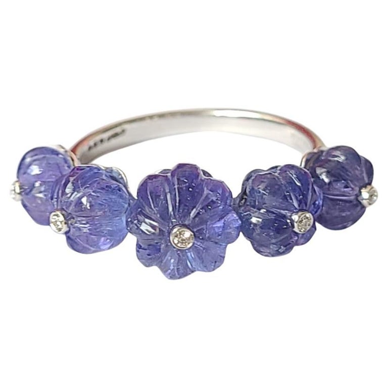 Natural, Carved Tanzanite and Diamonds Band / Wedding Ring Set in 18K ...