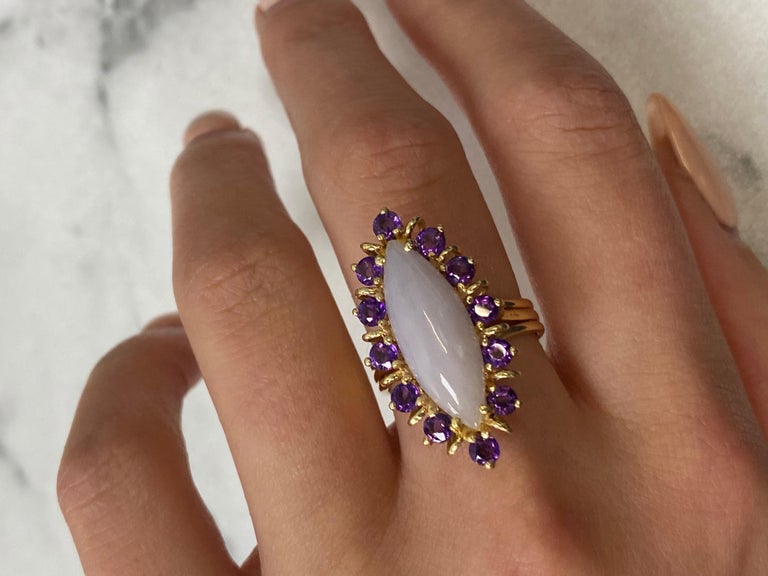Natural Chalcedony Stone with Amethyst Cocktail Ring 18K Yellow Gold ...