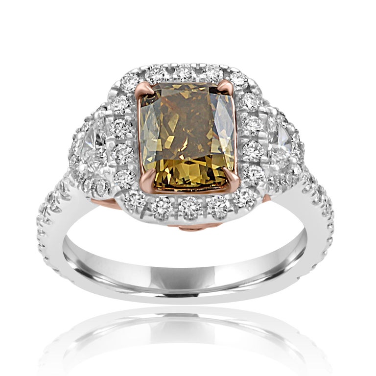 Natural Champagne Diamond Single Halo Two Color Gold Three-Stone Bridal ...