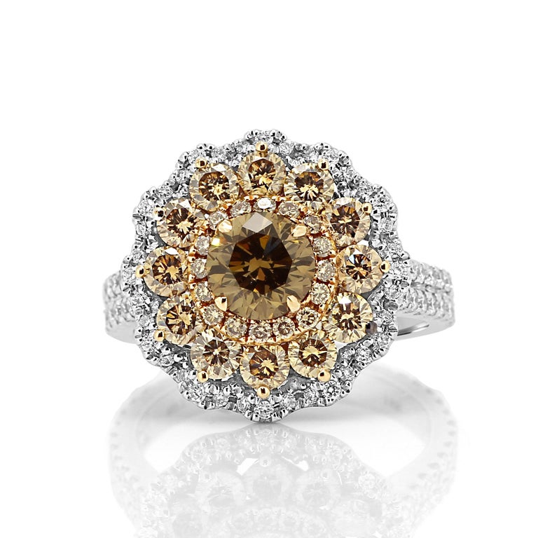 Champagne Diamond Triple Halo Two-Color Gold Ring Bridal Fashion ...