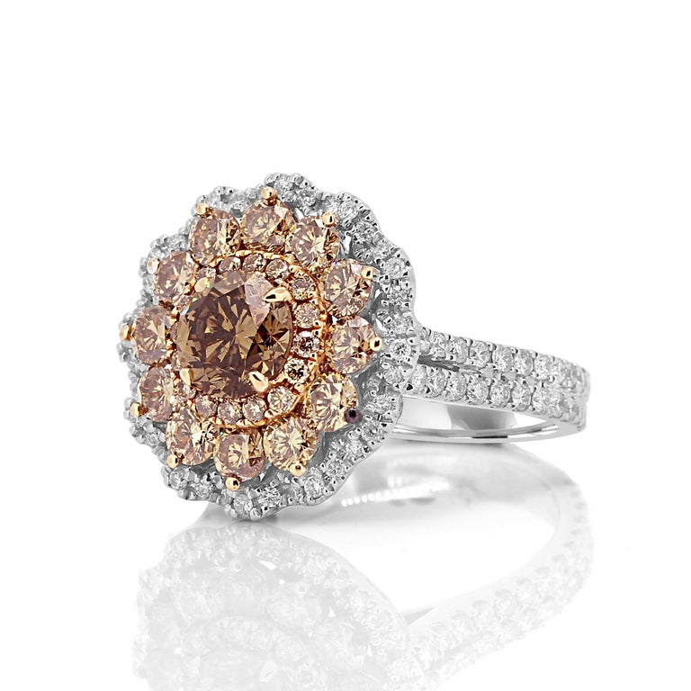 Champagne Diamond Triple Halo Two-Color Gold Ring Bridal Fashion ...