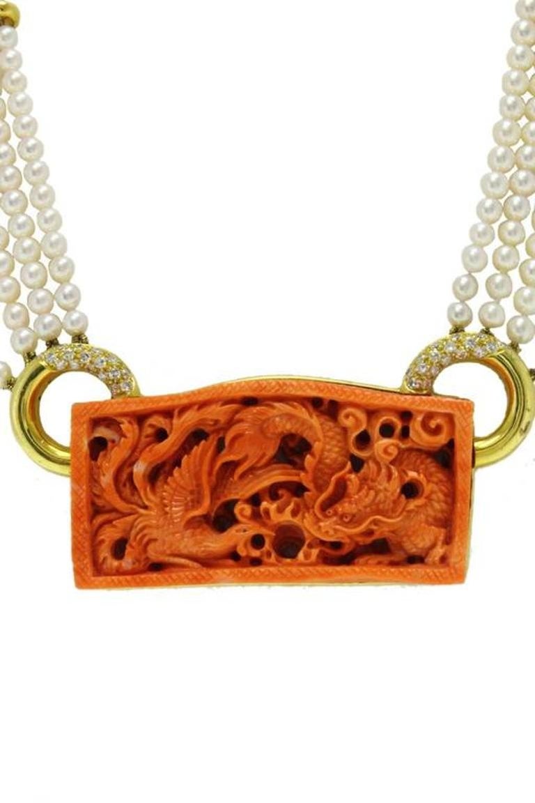 Engraved Red Coral, White Pearls Rows, Diamond Yellow Gold Beaded ...