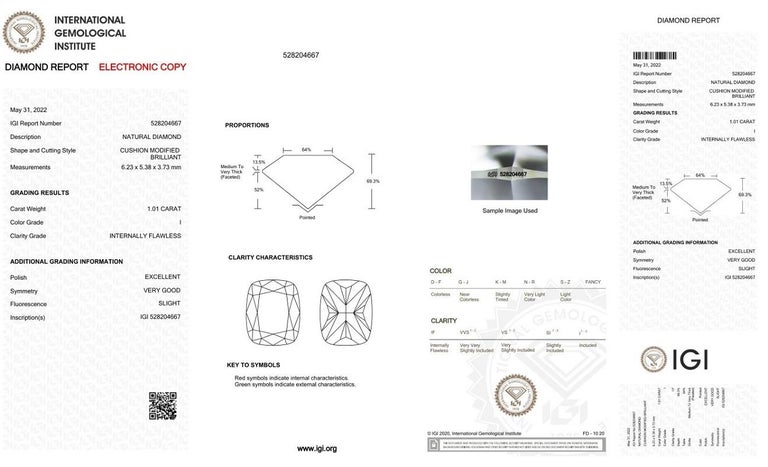 Natural Cushion Modified Brilliant Diamond with a 1.01 Carat I IF, IGI ...