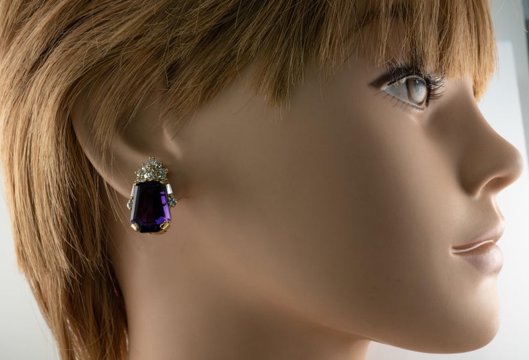 Natural Diamond Amethyst Earrings 18K Yellow Gold Omega Locks For Sale ...