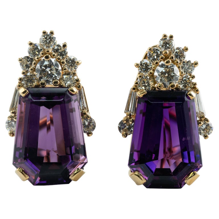 Natural Diamond Amethyst Earrings 18K Yellow Gold Omega Locks For Sale ...