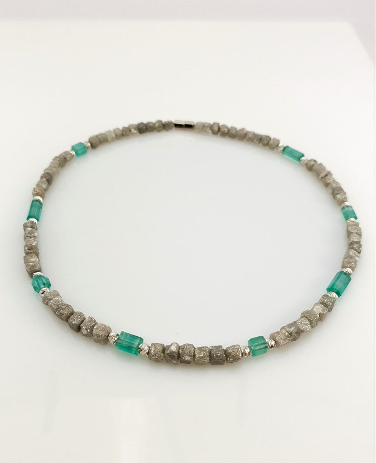 Natural Diamond and Emerald Crystals Beads Necklace with 18 Carat White ...