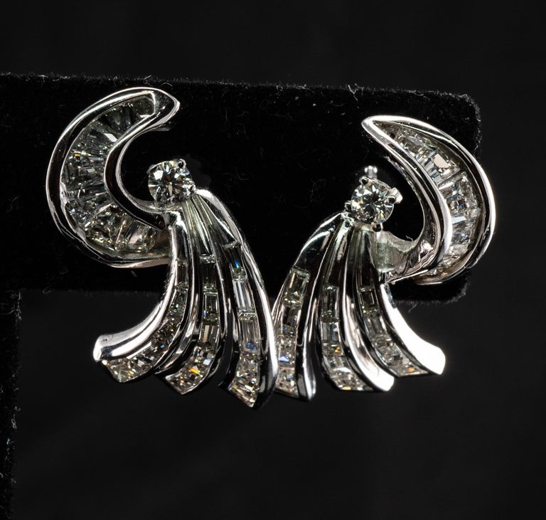 Natural Diamond Earrings 14K White Gold Omega Locks Art Deco For Sale ...