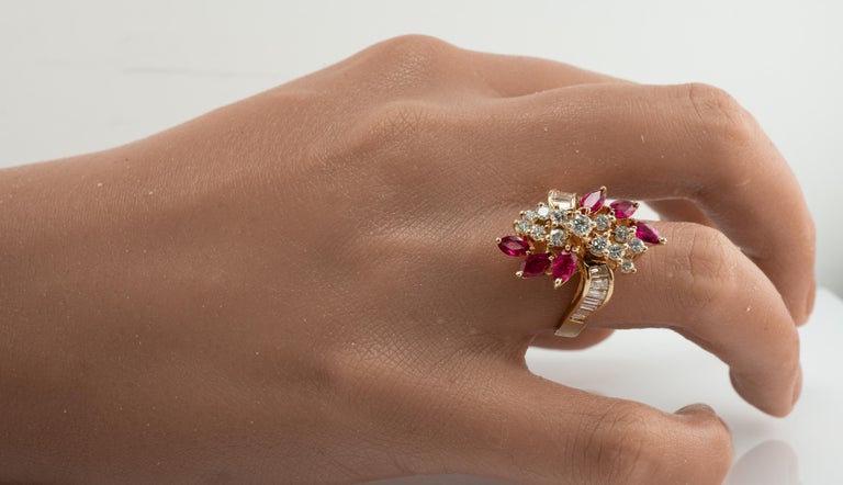 Natural Diamond Marquise Ruby Ring 14K Gold Vintage Cocktail For Sale ...