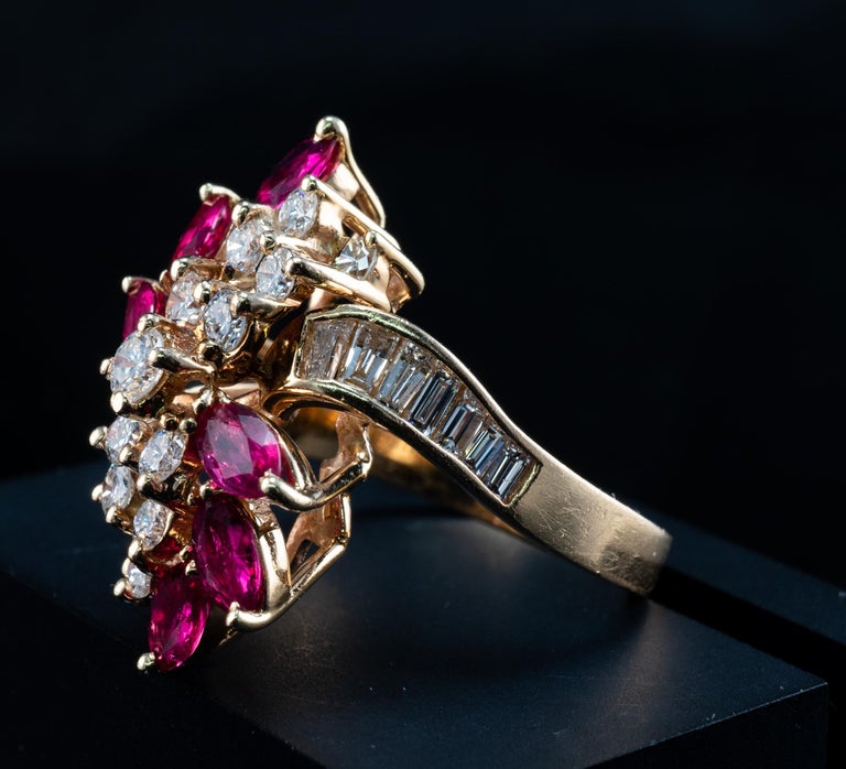 Natural Diamond Marquise Ruby Ring 14K Gold Vintage Cocktail For Sale ...