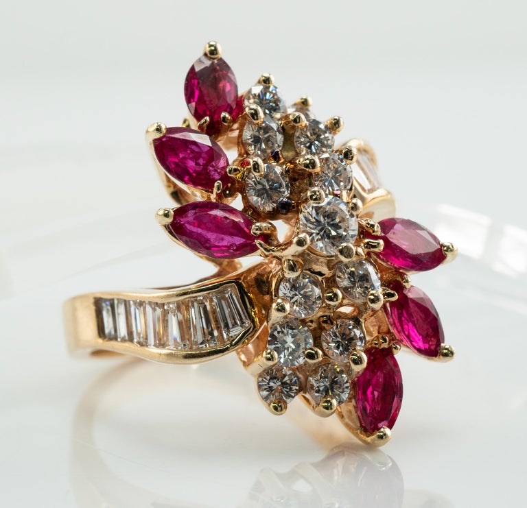 Natural Diamond Marquise Ruby Ring 14K Gold Vintage Cocktail For Sale ...