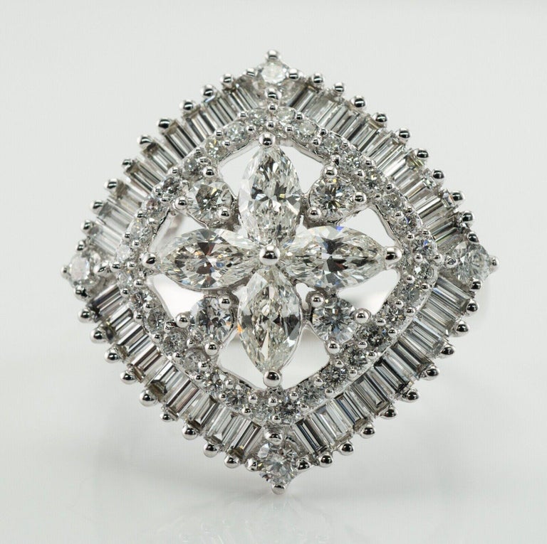 Natural Diamond Ring 14K White Gold Cluster Cocktail 2.06 TDW For Sale ...