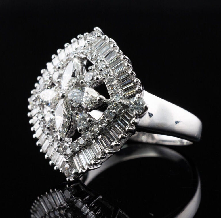 Natural Diamond Ring 14K White Gold Cluster Cocktail 2.06 TDW For Sale ...