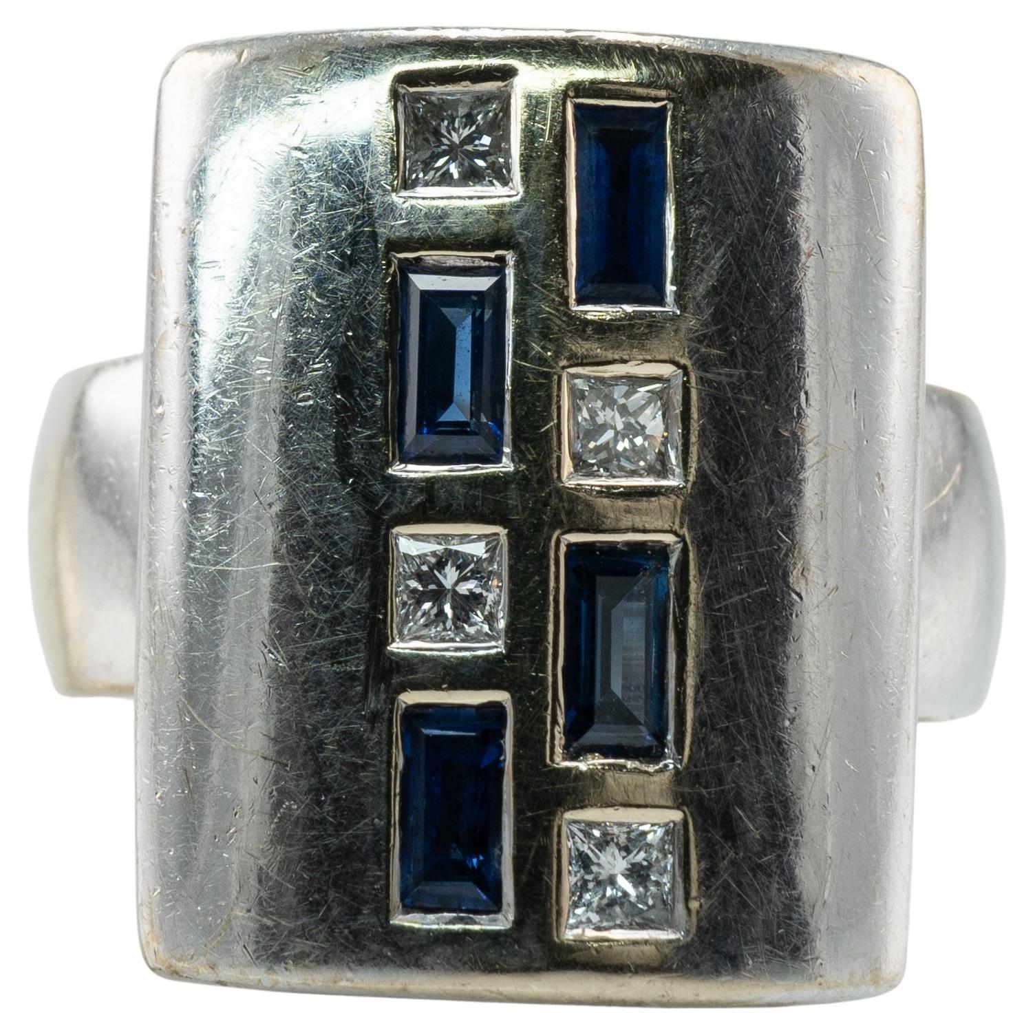 Natural Diamond Sapphire Ring 18k Gold Cocktail Signed Letter M For ...