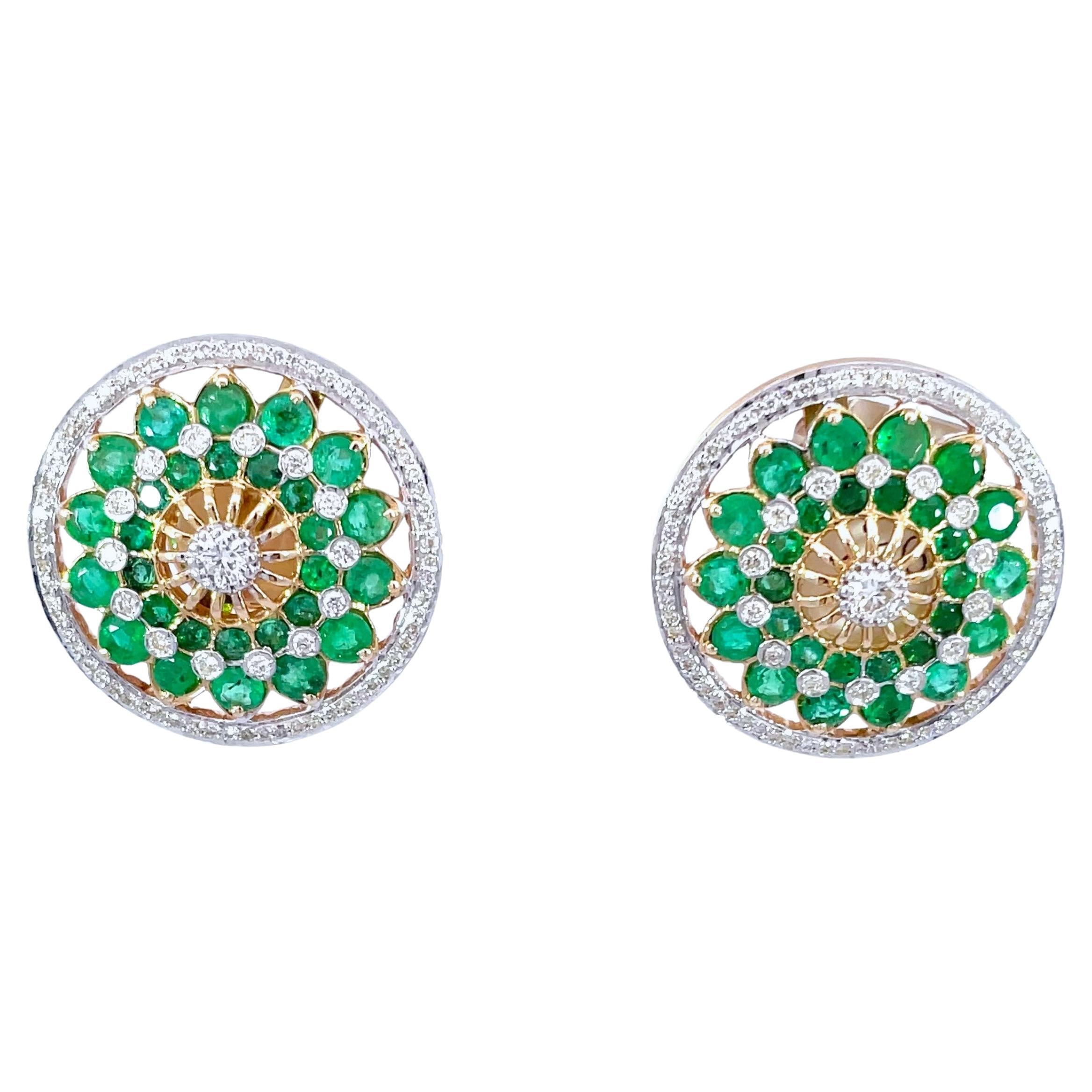 Natural Round Emerald and White Diamond .91 Carat TW Gold Stud Earrings ...