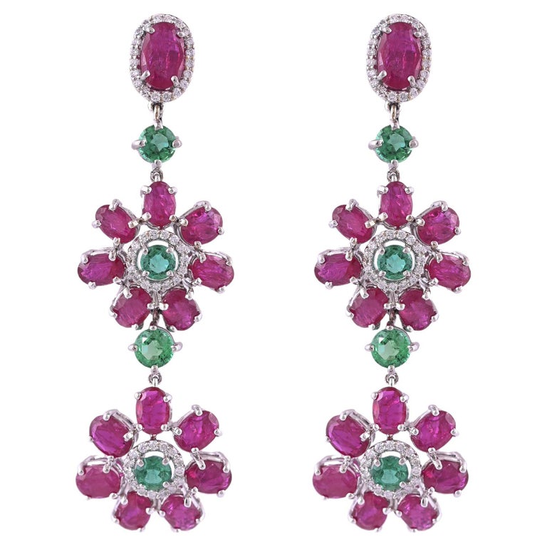 Natural Emerald and Ruby Long Earrings in 18 Karat Gold with Diamonds ...