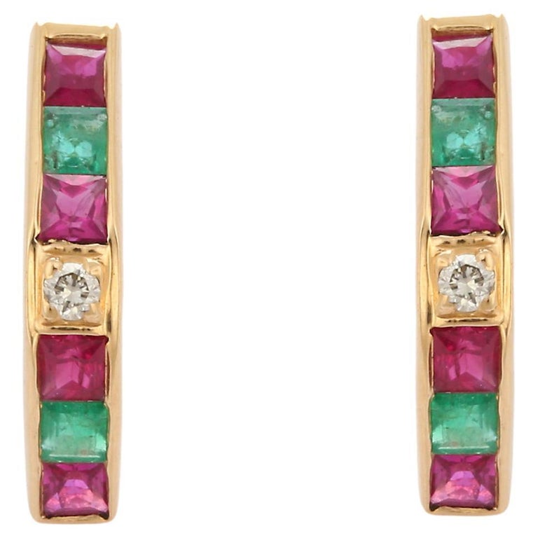 Natural Emerald and Ruby Square Cut Studs in 18K Yellow Gold with ...
