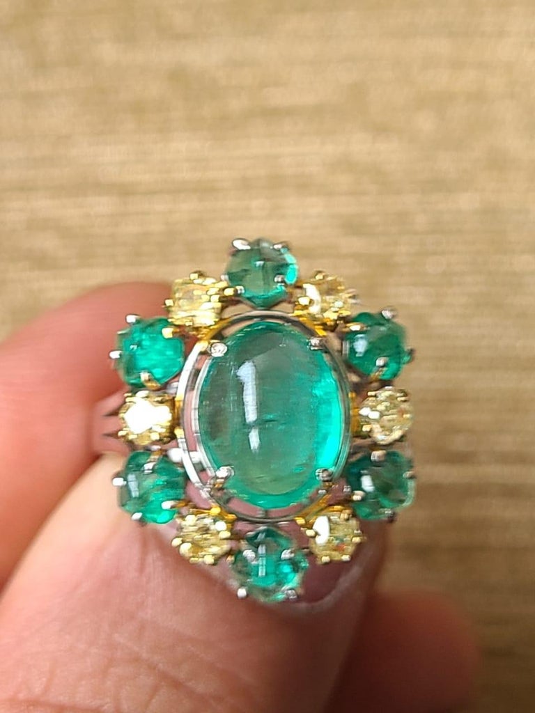 Natural Columbia Emerald Cabochon and Yellow Diamond Cocktail Ring Set ...
