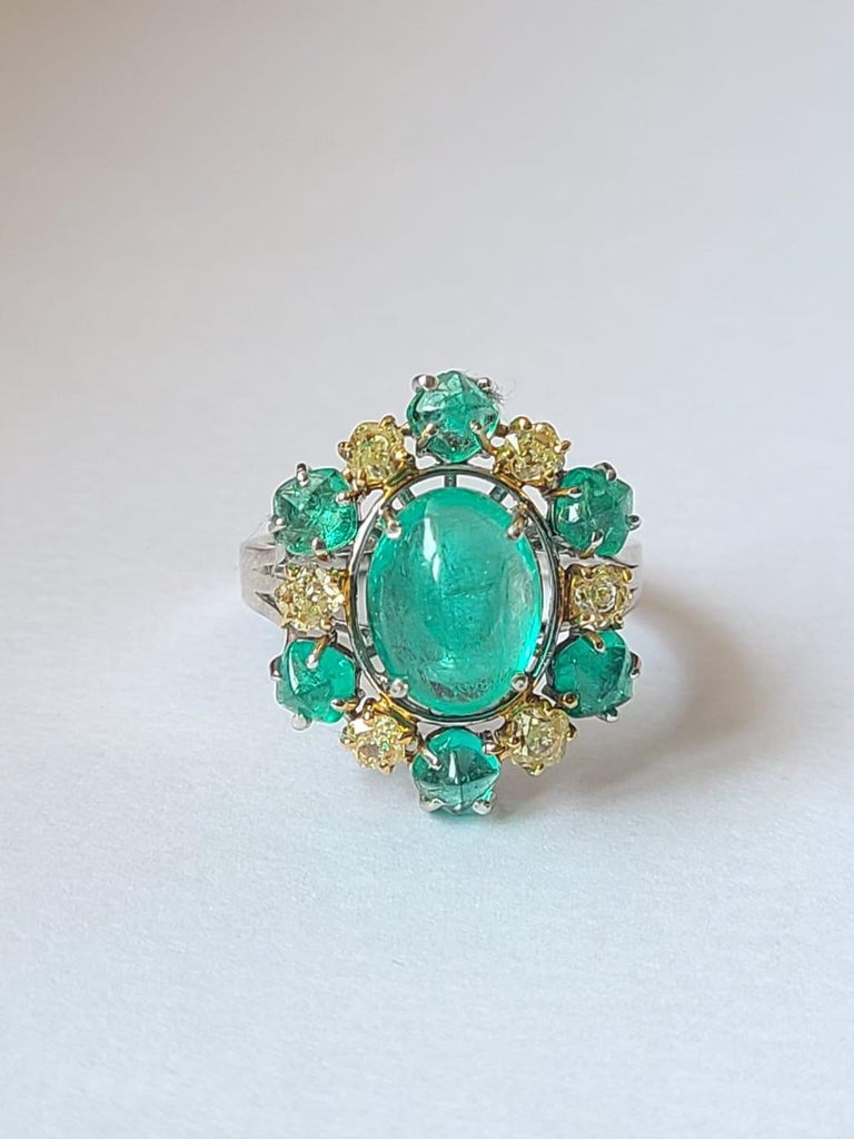 Natural Columbia Emerald Cabochon and Yellow Diamond Cocktail Ring Set ...