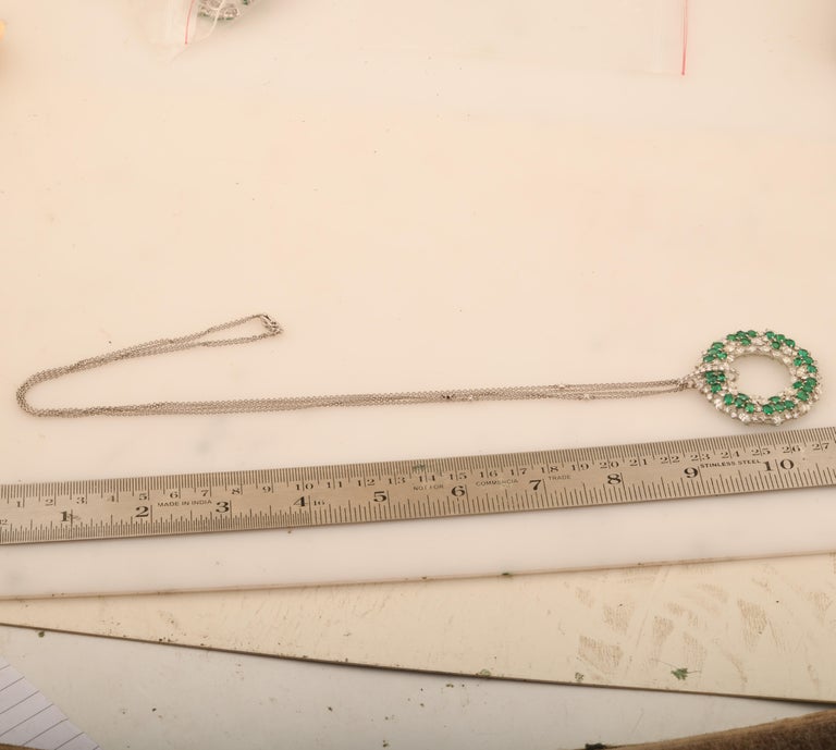 Natural Emerald Circle Pendant Diamond Necklace 14 Karat White Gold ...