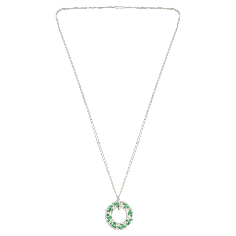 Natural Emerald Circle Pendant Diamond Necklace 14 Karat White Gold ...