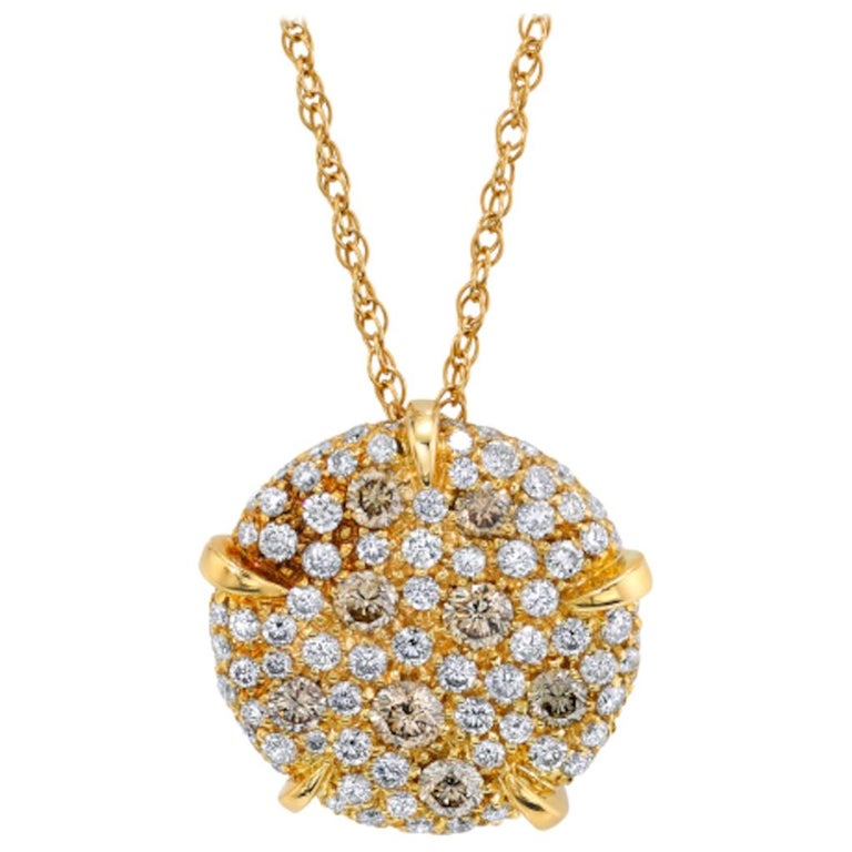 Fancy Champagne Diamond Pave Circle and 18k Yellow Gold Pendant Chain ...