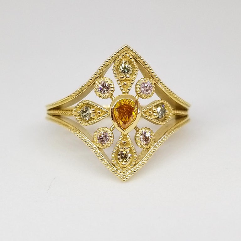 Natural Fancy Diamond Ring Vivid Orange Pink Green Cluster Signet 18 ...