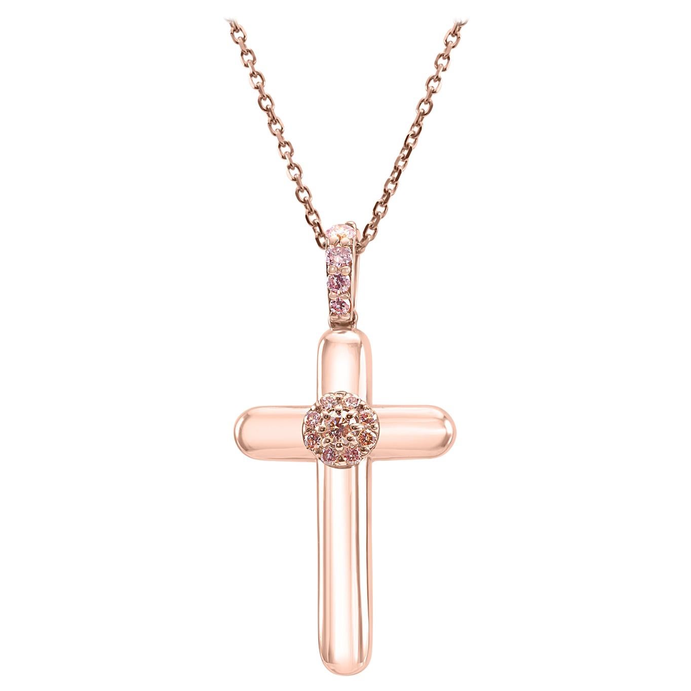 Natural Fancy Pink Diamond Round Drop Cross Pendant 14K Rose Gold Chain ...