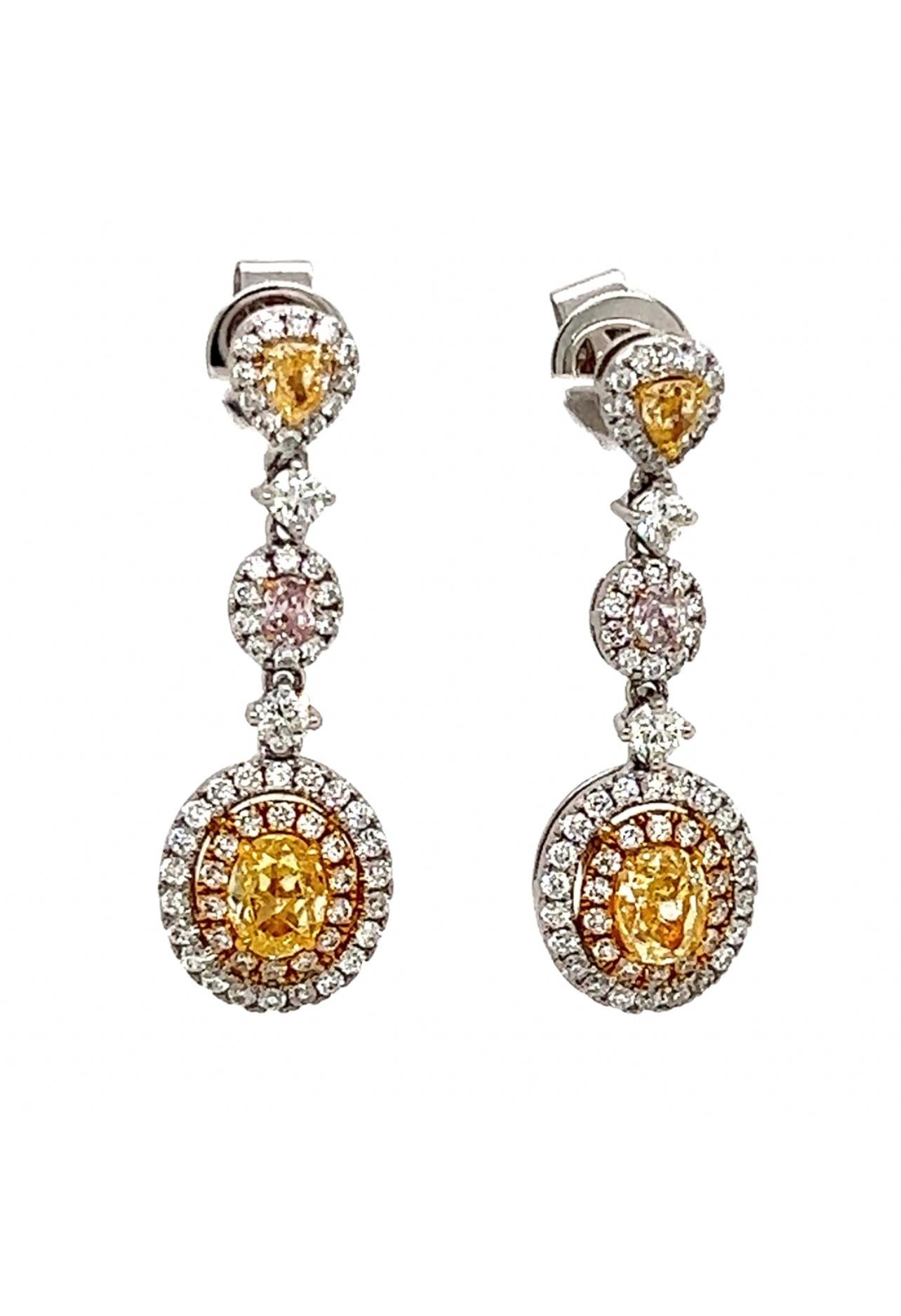 Natural Fancy Yellow and Light Pink Diamond Drop Earrings at 1stDibs