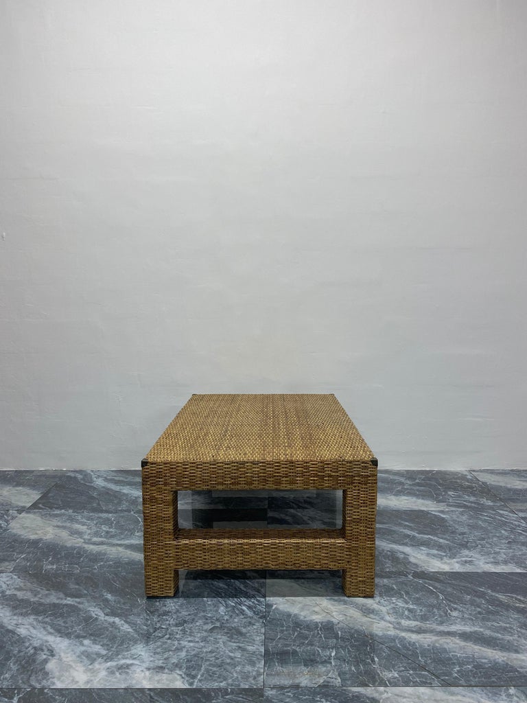 Natural Fiber Woven Rattan Coffee Table with Antique Brass Corners For ...