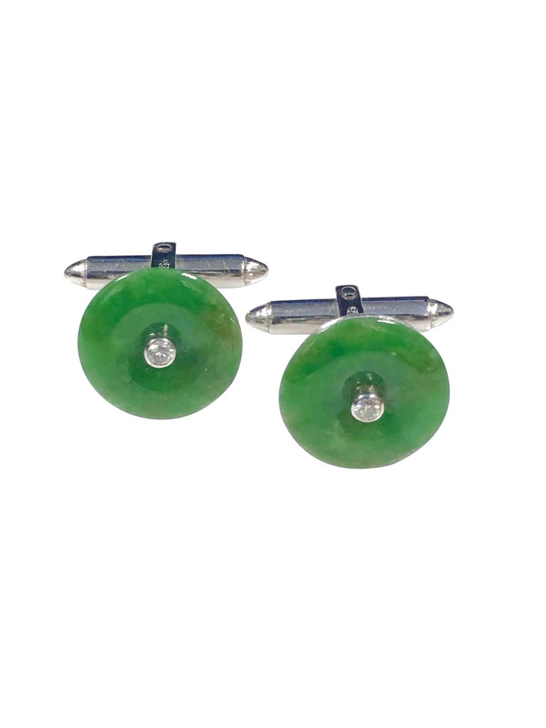 Natural Fine Green Jade White Gold and Diamond Cufflinks at 1stDibs