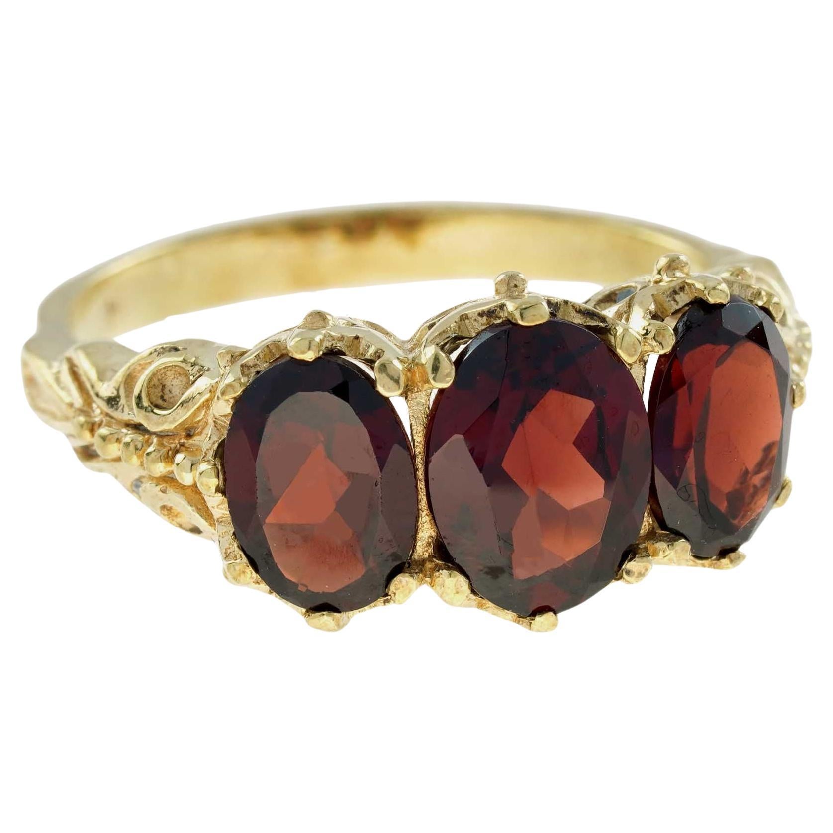Natural Garnet Vintage Style Filigree Three Stone Ring in Solid 9K Yellow Gold For Sale at 1stDibs