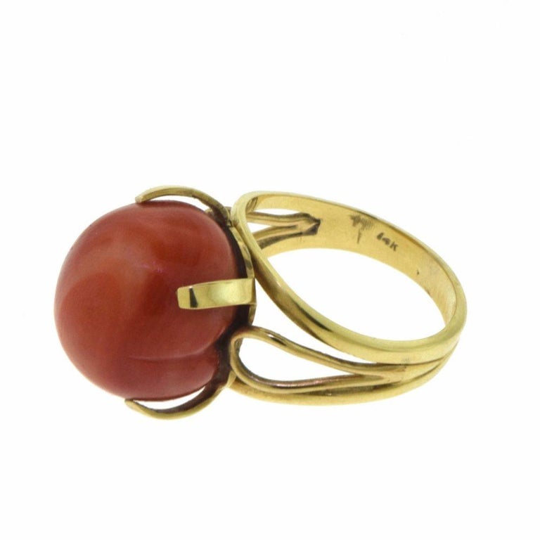 Natural Genuine Red Coral Spherical Yellow Gold Ring For Sale at 1stDibs