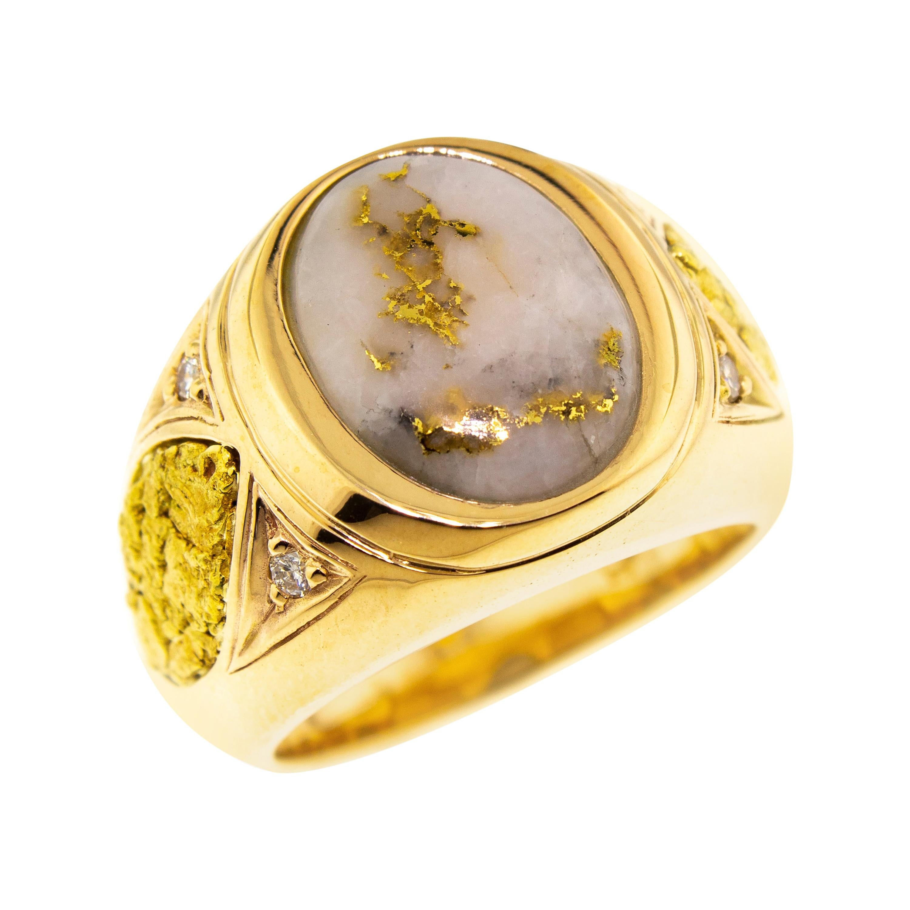 Men's Brushed 14kt Yellow Gold, Black Onyx Brutalist Ring w/ 3 pt ...