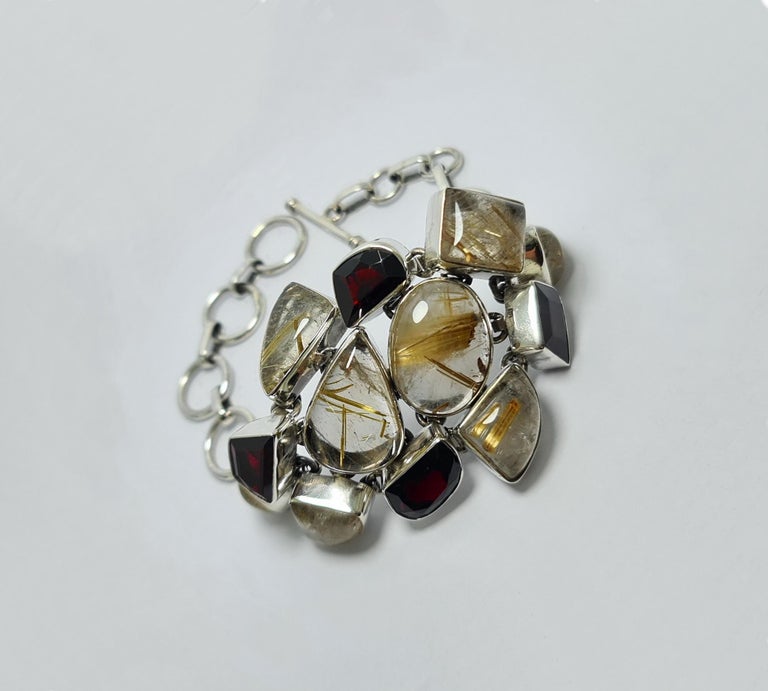 Natural Golden Rutile Garnet .925 Sterling Silver Bracelet For Sale at ...